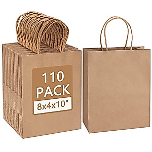 Moretoes 110pcs Paper Gift Bags Brown Paper Bags with Handles, 8x4x10 Inch Medium Sizes Gift Bags Bulk, Paper Bags for Small Business, Shopping Bags, Retail Bags, Party Bags, Favor Bags