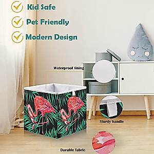 visesunny Closet Baskets Pink Flamingo Green Tropical Leaf Storage Bins Fabric Baskets for Organizing Shelves Foldable Storage Cube Bins for Clothes, Toys, Baby Toiletry, Office Supply
