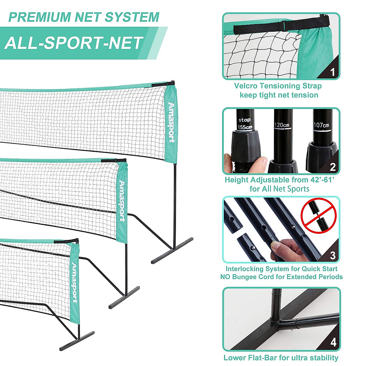 Portable Badminton Net Set - Net for Tennis, Soccer Tennis, Pickleball- Easy Setup Nylon Sports Net with Poles - for Indoor or Outdoor Court, Beach, Driveway (20)