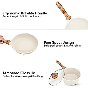 JEETEE Pots and Pans Set Nonstick 15PCS, Granite Coating Cookware Sets Induction Compatible with Frying Pan, Saucepan, Sauté Pan, Grill Pan, Cooking Pots, PFOA Free, (Beige, 15pcs Cookware Set)