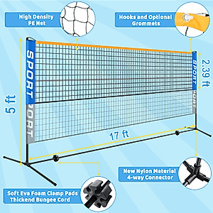 Pickleball Net, Pickleball Set with Net, Indoor Outdoor 17ft x 3-5ft Height Adjustable Pickle Ball Net, Pickleball, Badminton, and Volleyball All-in-One Net w/Pickleball Paddles, Badminton Rackets