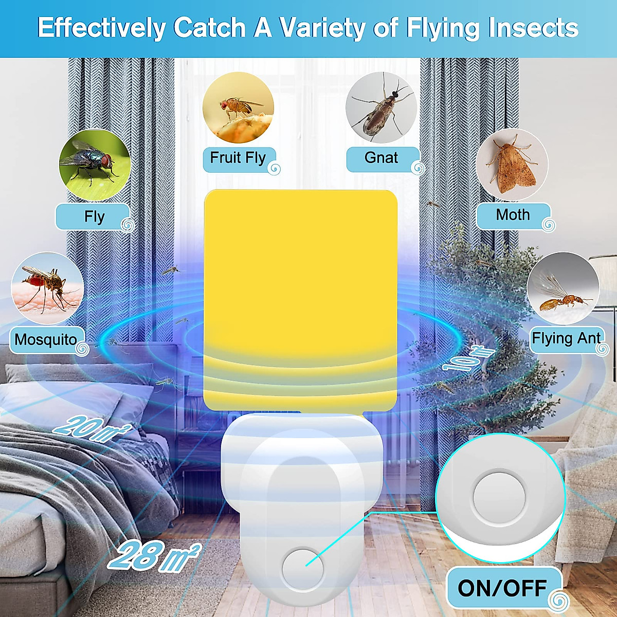 Flying Insect Trap Plug-in – Indoor Gnat Trap with UV Light & Sticky Pads – Non-Toxic Fly Catcher for Gnats, Moths, and Flies – Blue Bug Light Trap with 5 Sticky Pads – 1 Pack (White)