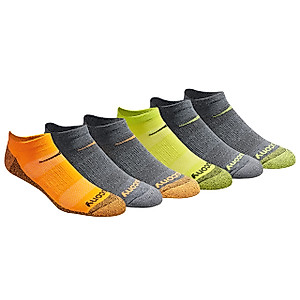 Saucony Men's RunDry Mesh Ventilating Comfort Fit Performance No-Show Socks, Available in M-XXL (6, 12, 18, Yellow Orange Charcoal Assortment (6 Pairs), X-Large