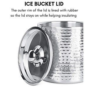 BirdRock Home Ice Bucket with Scoop & Lid - 2.8 Liter Hammered 18/8 Stainless Steel Container for Bar - Double Wall Insulated Bucket with Carrying Handle - Great for Parties - (Silver)