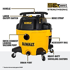 DEWALT 9 Gallon STEALTHSONIC Ultra Quiet Poly Wet/Dry Vacuum, DXV09P-QTA Newest Noise Reduction Vac, Heavy Duty Shop Vacuum for Jobsite/Workshop, Reduce Motor Noise, Yellow