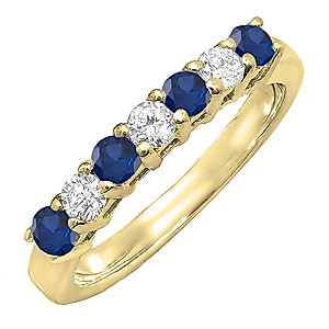 Dazzlingrock Collection 2.5mm Each Round Blue Sapphire & White Diamond 7 Stone Stackable Wedding Band for Women in 14K Yellow Gold, Size 7.5