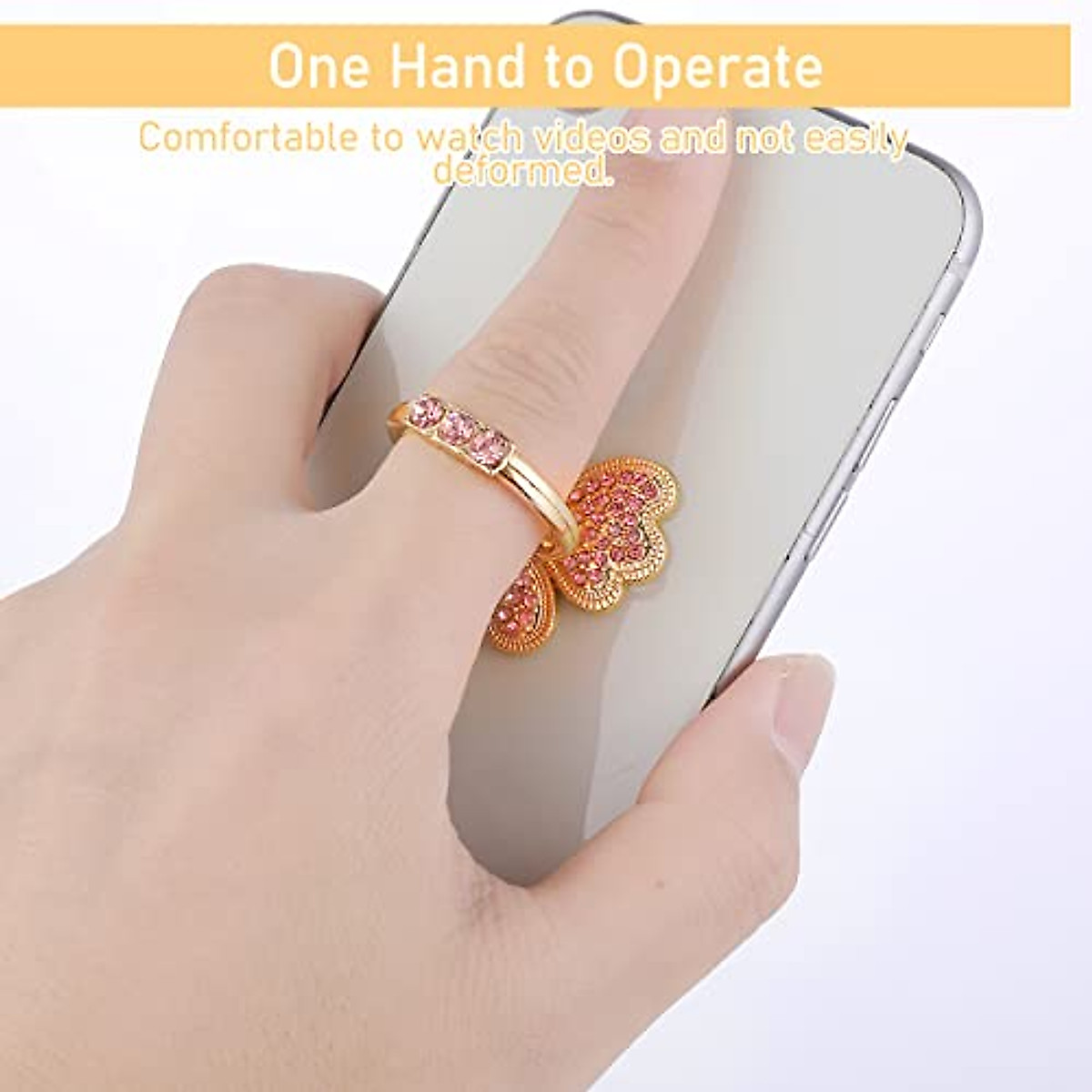 cobee Cell Phone Butterfly Ring Holder, 2 Pcs Glitter Sparking Butterfly Finger Ring Stand with Rhinestones, 360° Rotation/180° Flip Metal Phone Ring Grip Kickstand Compatible with Smartphones(Pink)