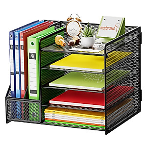 Marbrasse Desk Organizer with File Holder, 5-Tier Paper Letter Tray Organizer, Mesh Desk Organizers and Accessories with Magazine Holder, Desktop Organizer and Storage for Office Supplies (Black)