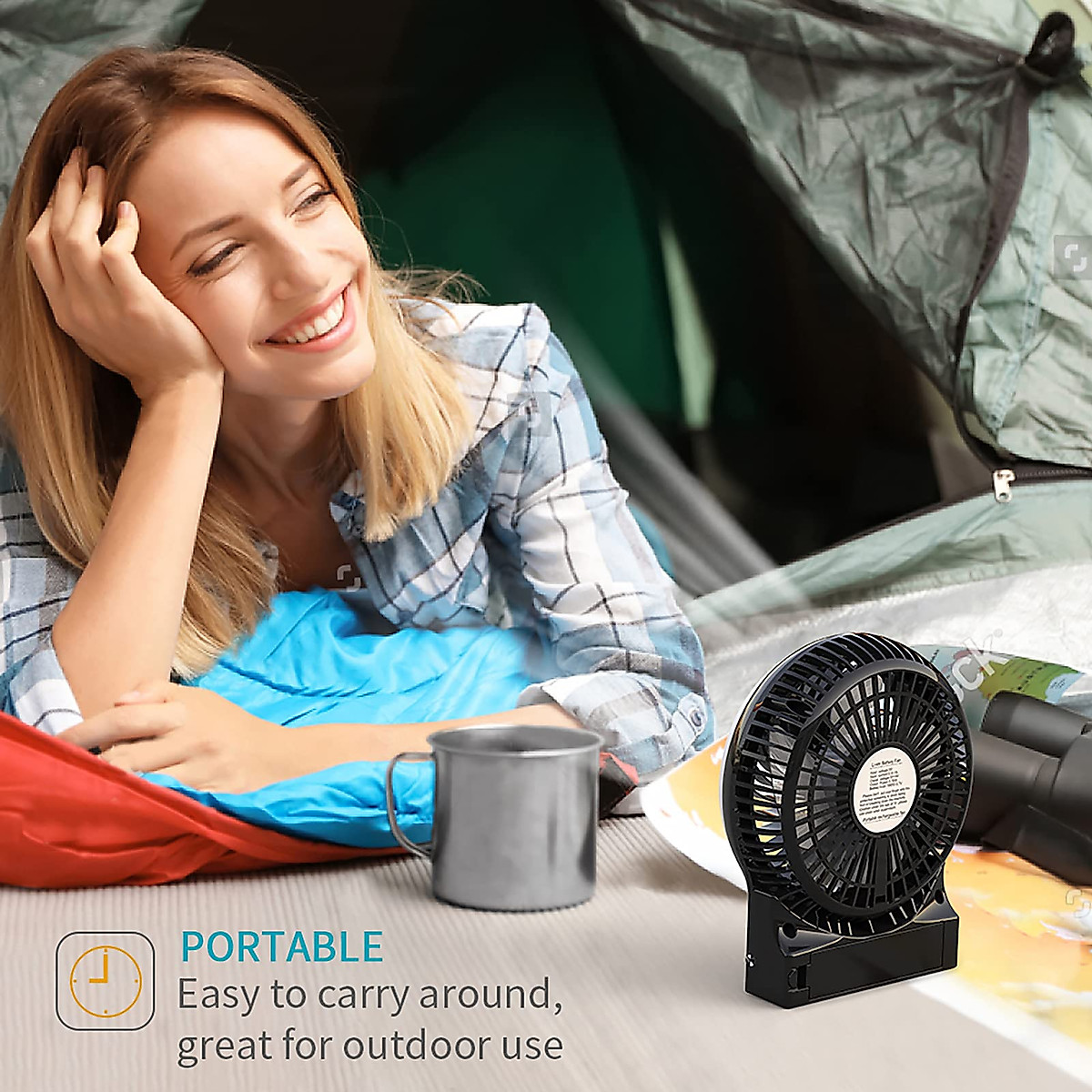Mini Portable Battery Operated Desk Fan, Rechargeable & USB Powered Handheld Fan with Atmosphere Light & Flashlight, Strong Airflow, 3 Speeds, Small Personal Hand Held Fan for Desktop Camping (Black)