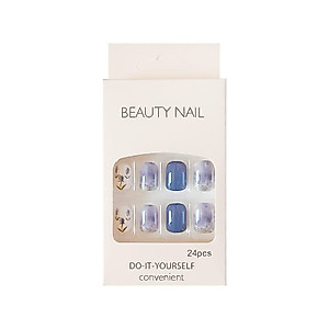 Diduikalor 24PCS Smudged Nude and French Purple Blooms Square Press on Nails Short, Coffin Medium Length Fake Nails, Reusable with Glue Acrylic False Nails for Women