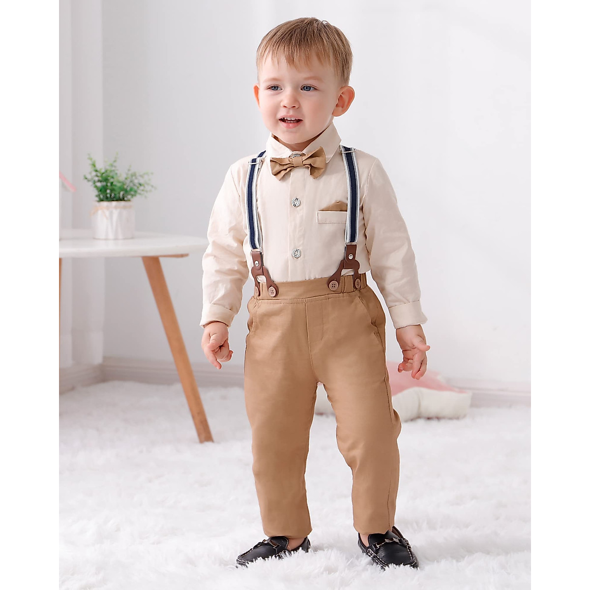 DISAUR Boys Church Outfit Apricot Brown Long Sleeve Dress Shirt Bow Tie Suspender Pants Toddler Formal Outfit Boy 2t 3t 2-3t