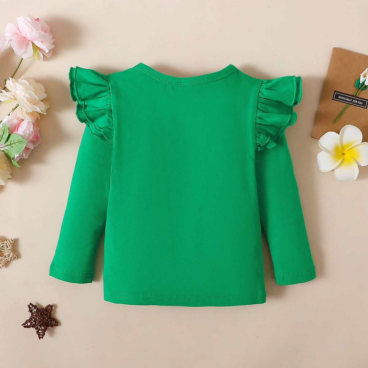 Sanpersonlin Toddler Baby Girl Solid Color T Shirt Kids Blouse Basic Plain Ruffle Top Cotton Casual Clothes (0020E-Long Sleeve Green, 4-5 Years)
