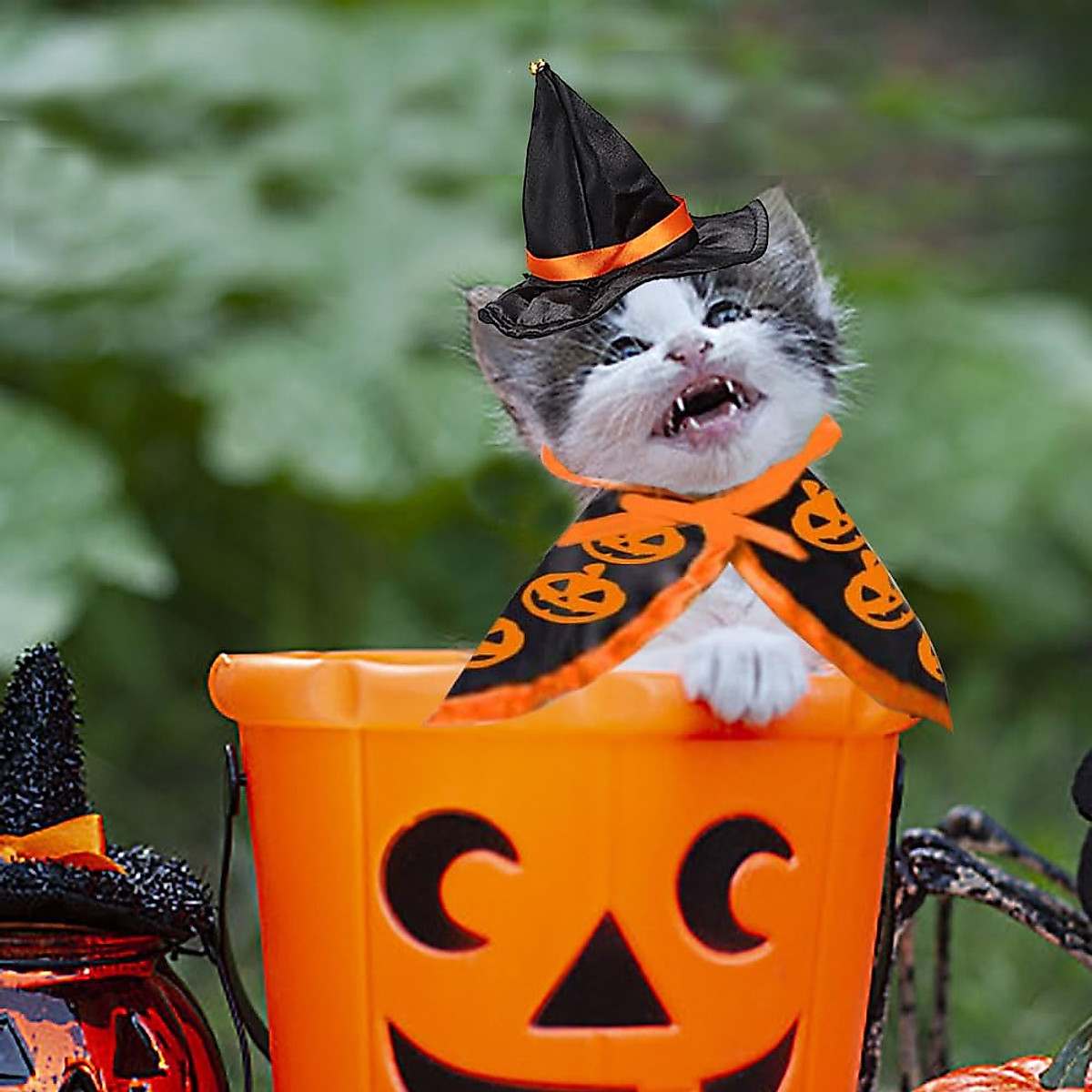 Halloween Cat Costume Cloak Witch Hat Pet Accessories Halloween Adjustable Pumpkin Pet Costume Clothes Set, Halloween Pet Costume Decor Cloak for Cats Dogs Animal Halloween Carnival Party Supplies