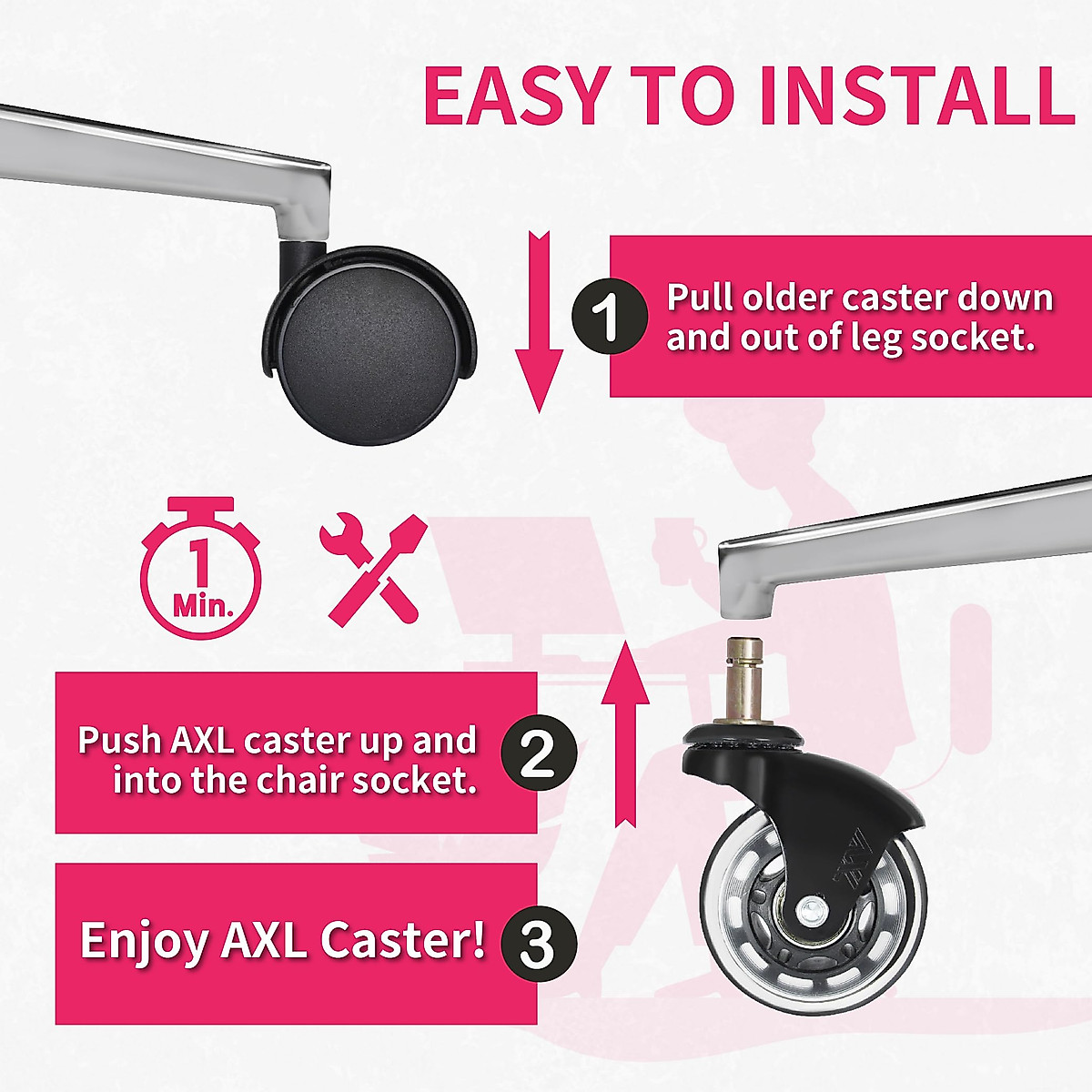 IKEA Office Chair Wheels Replacement for Hardwood Floor and Carpet, 10mm Stem Size, 2.5" Roller Blade Style, Replacement Rubber Chair Casters Set of 5 (Black/Clear)