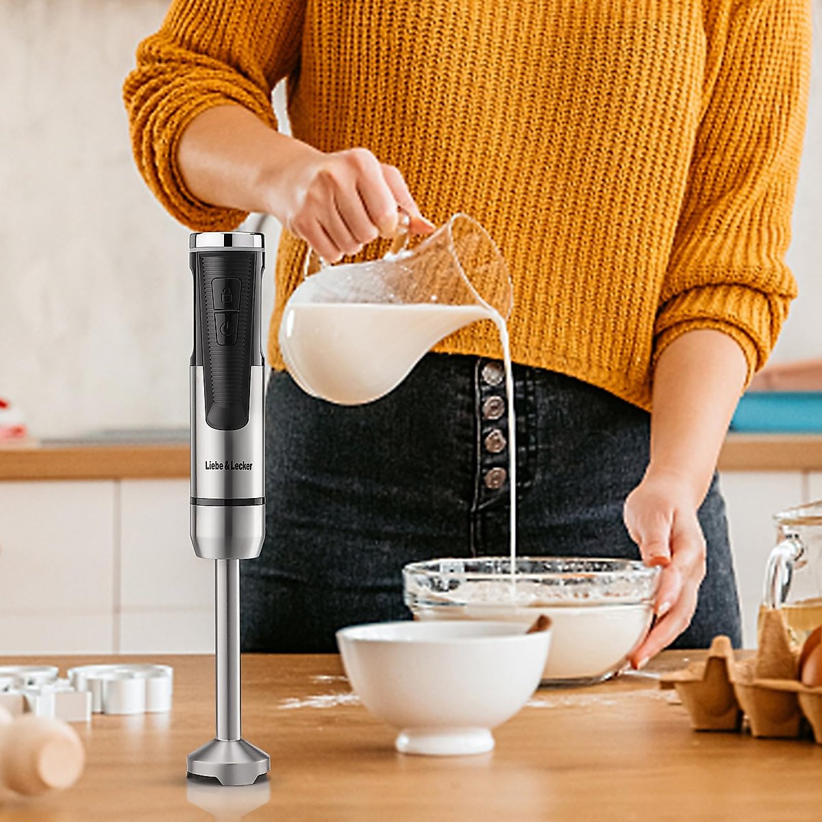 Liebe&Lecker Cordless Hand Blender, Immersion Blender Handheld USB Rechargeable 8 Variable Speeds with Whisk, Milk Frother Attachments, Portable Stick Blender for Milkshakes, Smoothies & Soups.