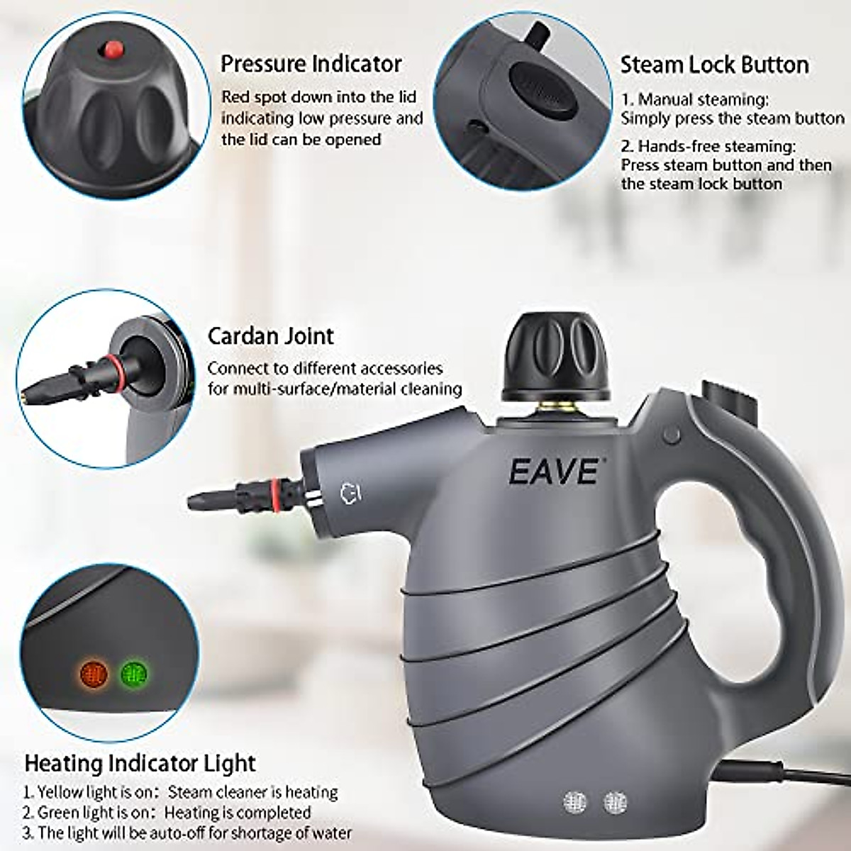 Handheld Steam Cleaner, Steamer for Cleaning, with Steam Lock Button for Hands-free Steaming, 12 in 1 Set Car Steamer for Furniture, Auto Detailing, Home, Kitchen, Bathroom, Upholstery