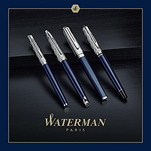 Waterman Expert Rollerball Pen | Metal & Blue Lacquer | Chiselled Cap | Black Ink | Gift Box