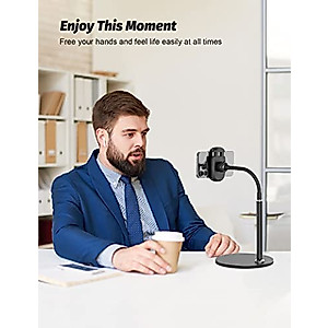 Cell Phone Stand, Adjustable Height & Angle Gooseneck Phone Stand for Desk Flexible Arm Universal Phone Holder, Aluminum Alloy Desktop Phone Stand for Recording Compatible with 3.5"-7" Device (Black)