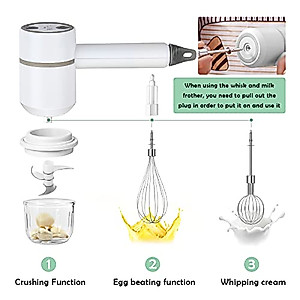 Suteng Electric Garlic Chopper, 3 IN 1 Rechargable Egg Beater Food Processor with 300ML Glass Container, Cordless Electric Blender for Kitchen Cooking Baking - White