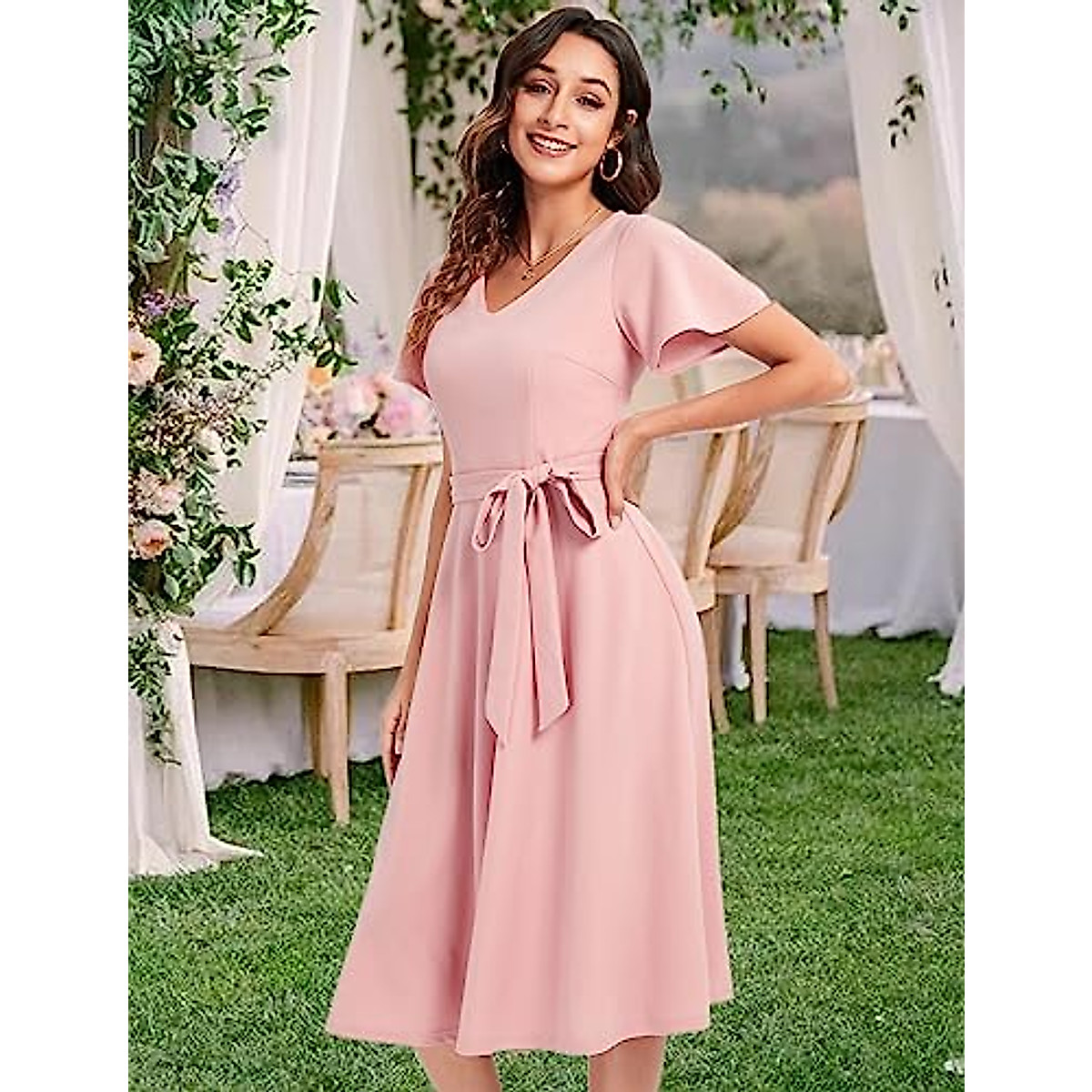 Gardenwed Cocktail Dresses for Women Wedding Guest,Fit and Flare Formal Dress with Sleeves for Homecoming Party Church Blush L