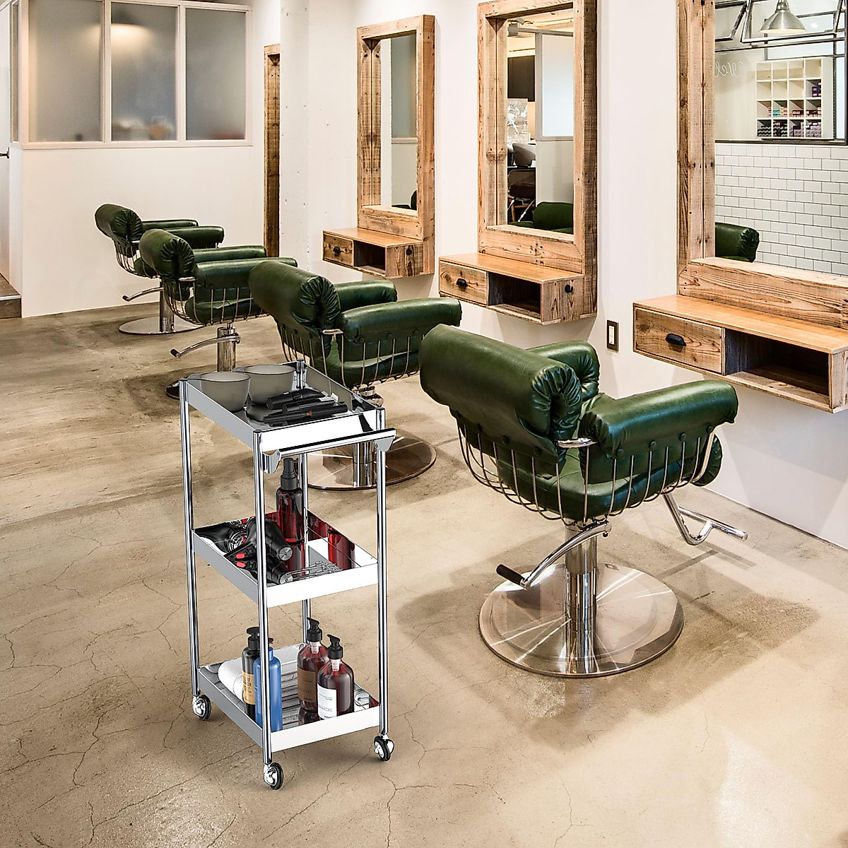 johgee 3 Shelf Mirror Stainless Steel Utility Cart, 3 Tier Stainless Steel Cart with Wheels with Handle, Serving Car, Rolling Medical Cart for Salon, Spa, Lab, Dental Clinic, Lab, Hospital