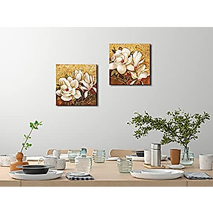 Pyradecor Magnolia Flowers Modern 2 Piece Stretched Floral Canvas Prints Oil Paintings Artwork Style Brown Pictures on Canvas Wall art for Living Room Bedroom Home Decorations