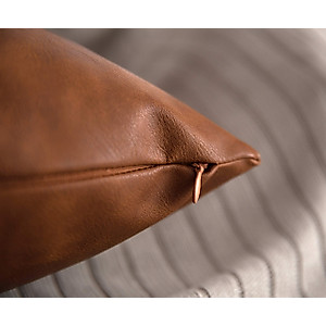 HOMFINER Faux Leather Throw Pillow Covers, 18 x 18 inch Set of 2 Thick Cognac Brown Modern Solid Decorative Square Bedroom Living Room Cushion Cases for Couch Bed Sofa