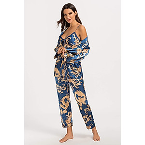 Escalier Women's Silk Satin Pajamas Set 3 Pcs Floral Silky Pj Sets Sleepwear Cami Nightwear with Robe and Pants Navy M