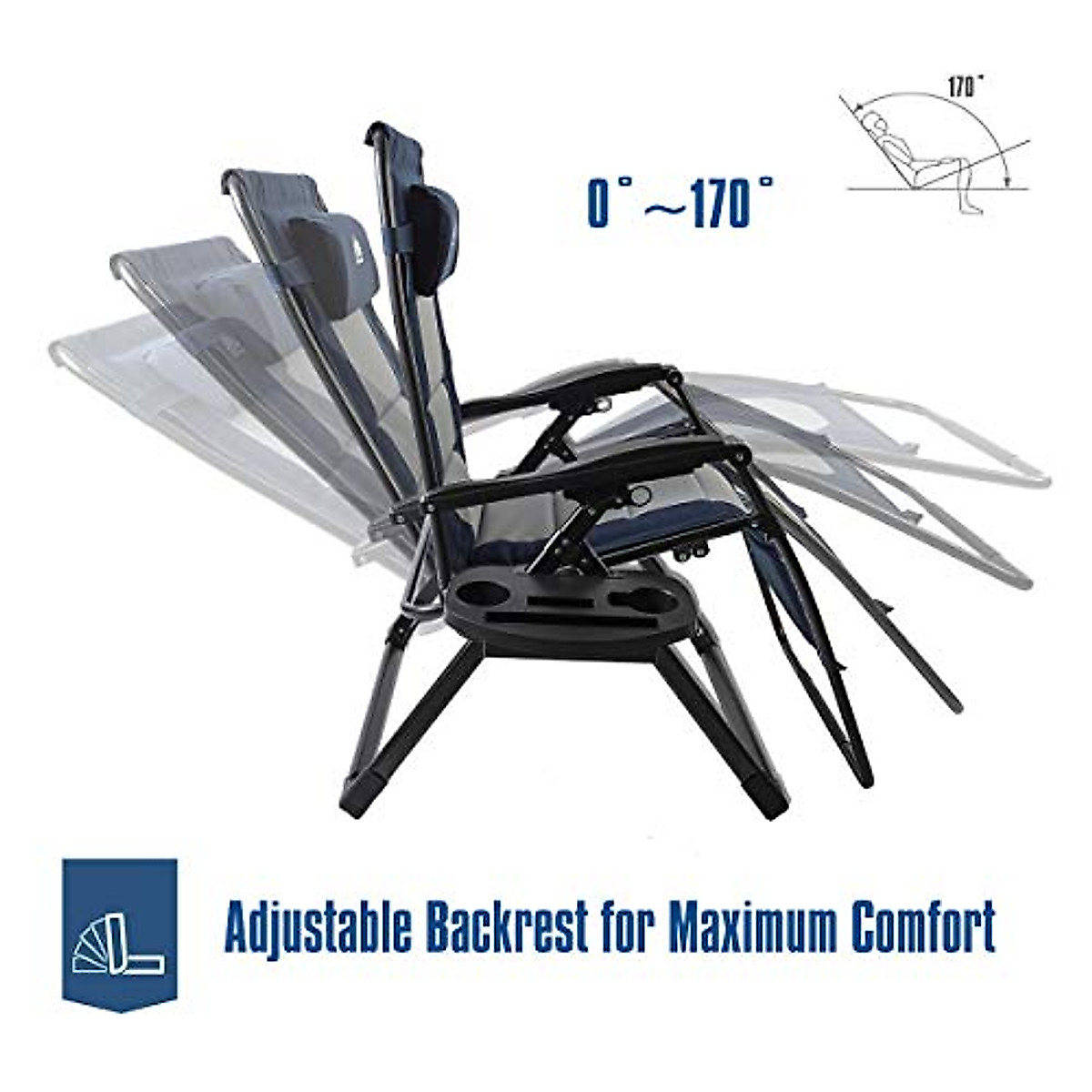 Coastrail Outdoor Zero Gravity Chair Oversized XXL 33.5" Width Patio Recliner Padded Reclining Folding Lounger with Pillow, Side Table for Camping, Lawn, Garden, 500lbs Capacity Blue/1pack