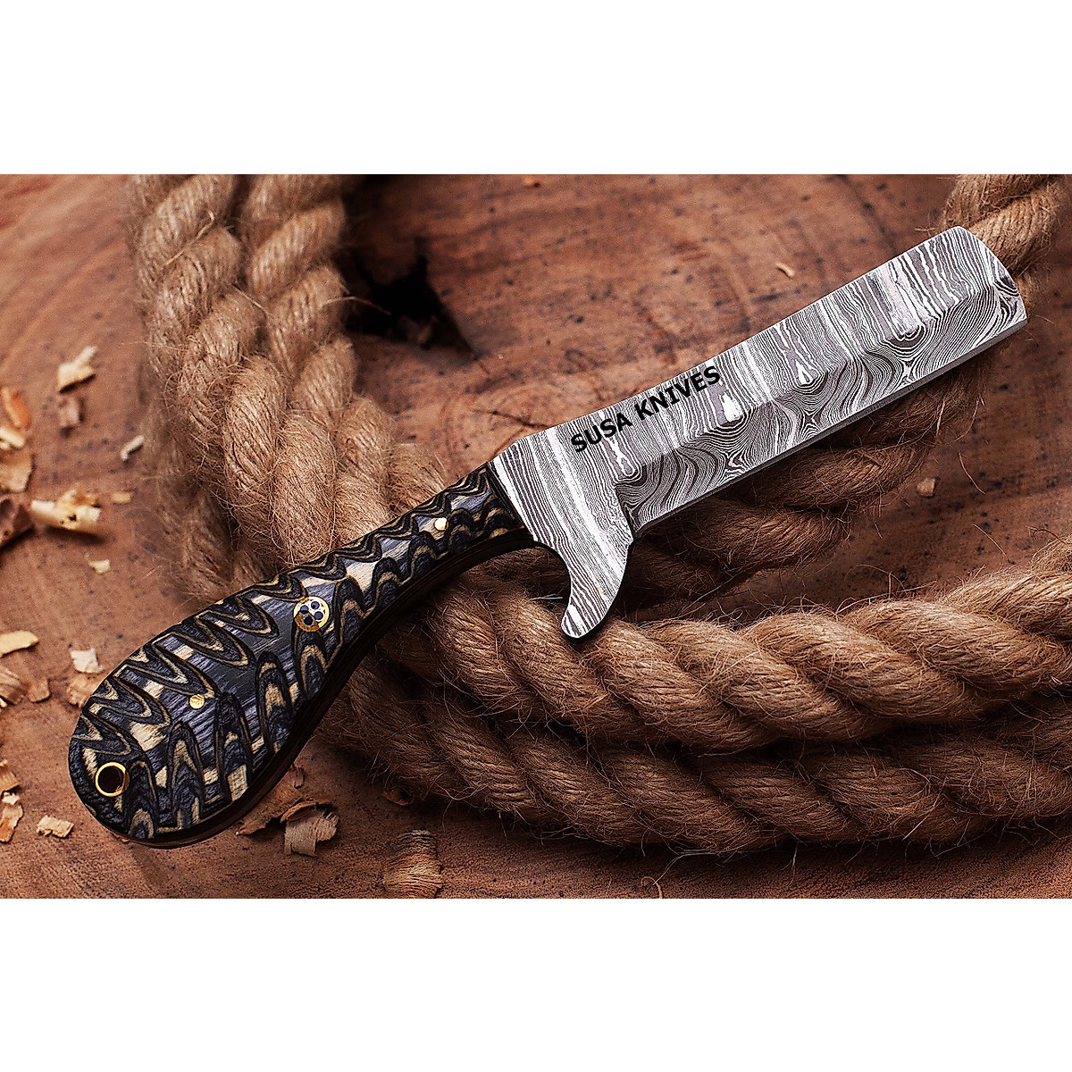 SUSA KNIVES Handmade Damascus Steel Bull Cutter Knife, Cowboy Fixed Blade knife, Wood Handle, EDC Knife PANCAKE Leather Sheath Gift For Men