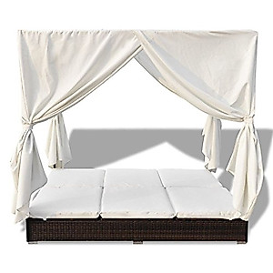 Daonanba Stable Durable Sun Lounger with Curtains Comfortable Sunbed Outdoor Sofabed Garden Furniture Poly Rattan Brown