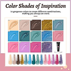 JEWHITENY 14 Colors Poly Extension Gel Nail Kit Nude pink Blue yellow Glitter All In One Poly gel Nail Kit Starter Kit Poly Nail gel Kit With U V Lamp Base Top Coat Gift for Women