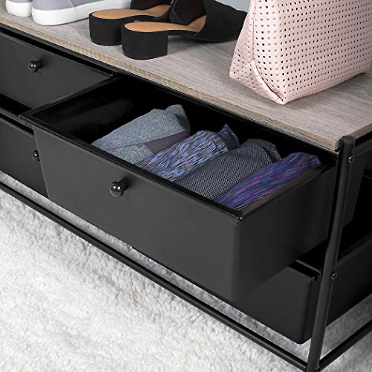 East Bank Designs 4-Drawer Storage Shelf, Matte Black with Wood Grain Laminate Top