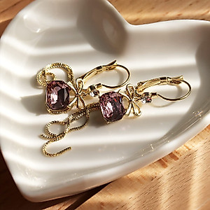 Sonateomber Purple Crystal Bow Drop Dangle Long Leverback Huggie Gold Earrings for Women - Elegant Sparkly Emerald Cutting Cubic Zirconia English Lock Dainty Tassel Jewelry Prom Gifts