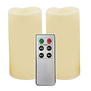 2 PCS Waterproof Outdoor Battery Operated Flameless LED Pillar Candles with Remote Flickering Plastic Electric Decorative Light for Lantern Party Wedding Decoration Garden Patio Home Decor 3x6 Inches