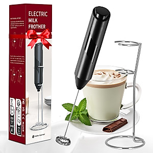 HealSmart Milk Frother Handheld, Battery Operated Whisk Maker with Stainless Steel Stand Hand Drink Mixer for Coffee, Lattes, Cappuccino, Matcha, Black