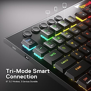 Redragon K618 PRO 3-Mode Wireless RGB Mechanical Keyboard, BT/2.4Ghz/Wired Low Profile Win/Mac Gaming Keyboard w/Ultra-Thin Design, Dedicated Media Control & Linear Red Switch