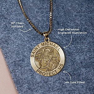 PicturesOnGold.com St Michael Pendant - Saint Michael Pendant Religious Medal Necklace - 1 Inch Size of a Quarter in Yellow Gold Filled - Includes 18 inch Chain (Necklace + Engraving)