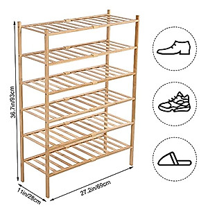 Unizooke 6-Tier Bamboo Shoe Rack for Entryway, Premium Stackable Shoe Rack Free Standing Shoe Racks for Closet Bedroom Cloakroom Study Kitchen Garden Balcony.