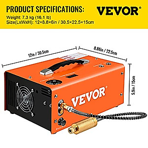 VEVOR PCP Air Compressor, 4500PSI Portable PCP Compressor, 12V DC 110V/220V AC PCP Airgun Compressor Auto-stop, w/Built-in Adapter, Fan Cooling, Suitable for Paintball, Air Rifle, Mini Diving Bottle