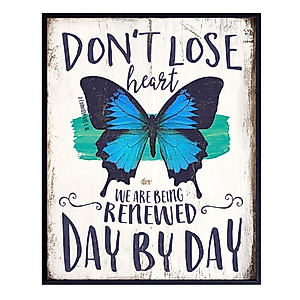 Inspirational Butterfly Picture - Christian Bible Verse Wall Art - Religious Scripture Wall Decor - Blue Rustic Boho Gift for Women - Motivational Home or Apartment Decoration for Bedroom, Living Room