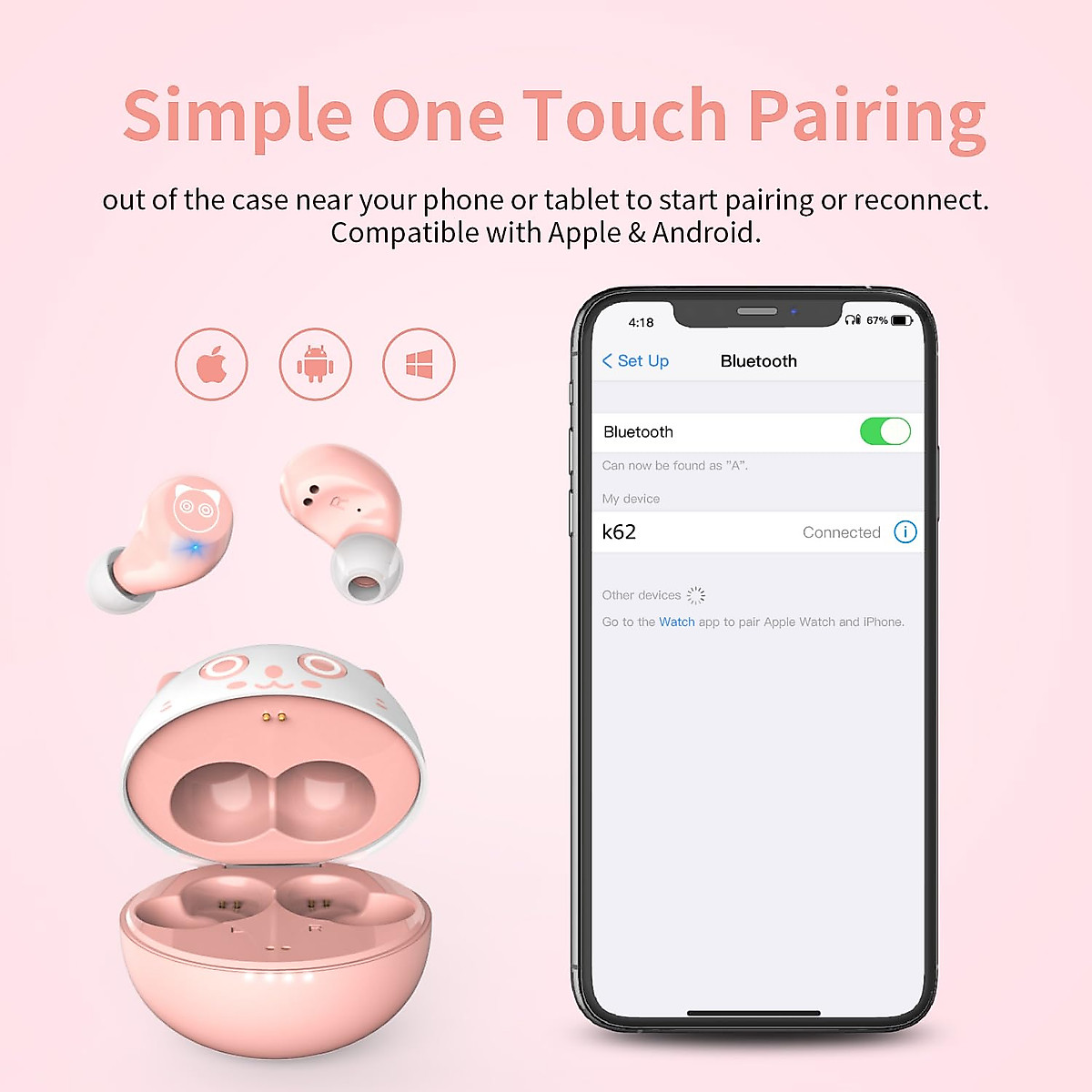 Togetface Kids Wireless Earbuds Bluetooth, Pink Cute Cat for Girls and School Classroom 5.0 with Microphone Small Ears Headphone Earphones Lightweight Premium Sound in-Ear Headset.