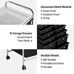 Yaheetech 12 Drawers Rolling Storage Cart Multipurpose Movable Organizer Cart Storage Bin Trolley Tools Scrapbook Paper Organizer on Wheels, Black