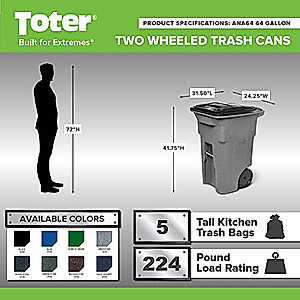 Toter 64 Gal. Trash Can Graystone with Quiet Wheels and Lid