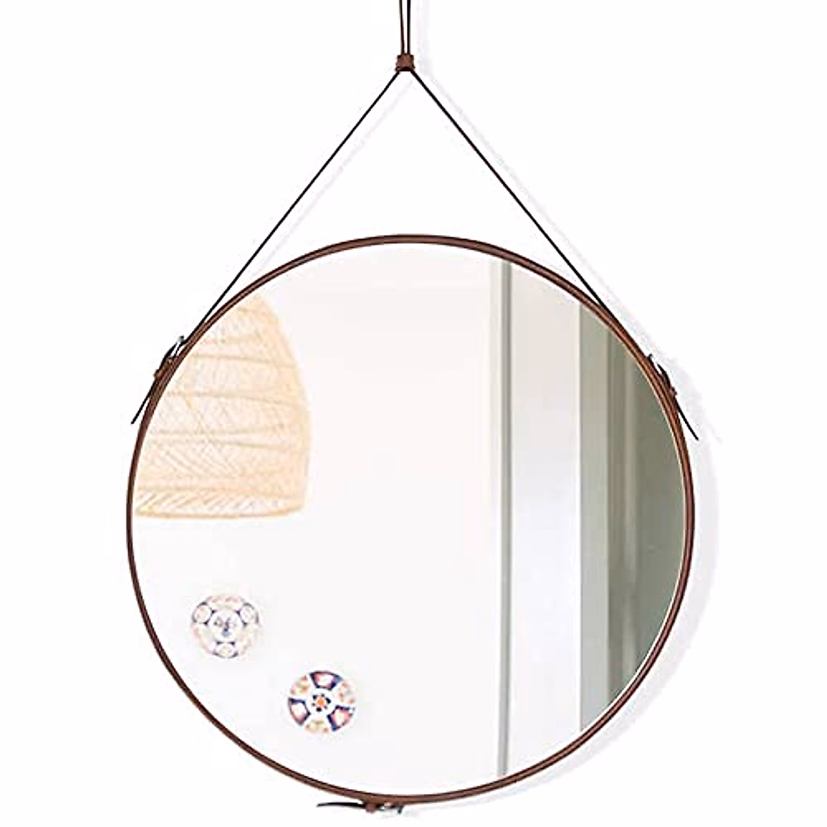 Gurfuy Round Hanging Mirror with PU Leather Strap Hanger Leather Framed Mirror for Home Decor Wall Mounted Large Circle Hanging Mirror for Entryway Bathroom Living Room Bedroom Washroom (Brown-20inch)
