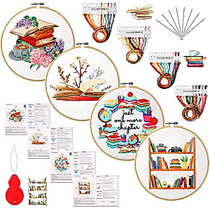 4 Set Embroidery Kit for Beginners Adults Cross Stitch Embroidery Kit for Book Lovers DIY Needlepoint Kit with Book Patterns, Instructions, Embroidery Hoops, Needles, Colored Threads, Needle Threader