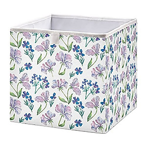 Kigai Purple Flowers Cube Storage Bin, 11x11x11 in Collapsible Fabric Storage Cubes Organizer Portable Storage Baskets for Shelves, Closets, Laundry, Nursery, Home Decor