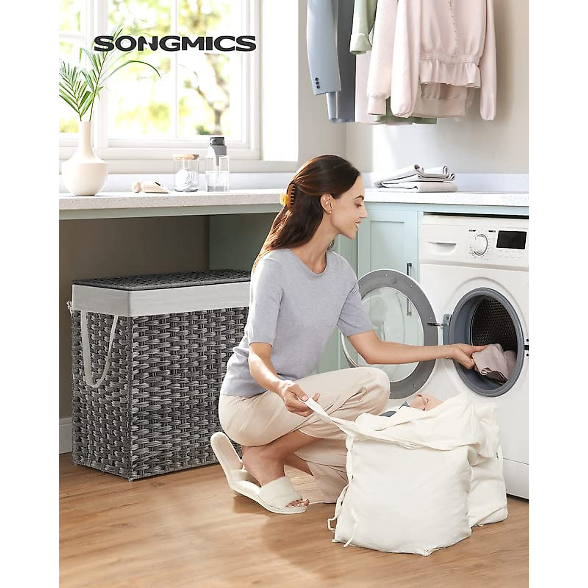 SONGMICS 130L Clothes Hamper with Lid, 2 Removable Liner Bags & 6 Mesh Bags, Wicker, Double Laundry Basket for Bathroom, 13 x 26 x 23.6 Inches, Gray ULCB253G01