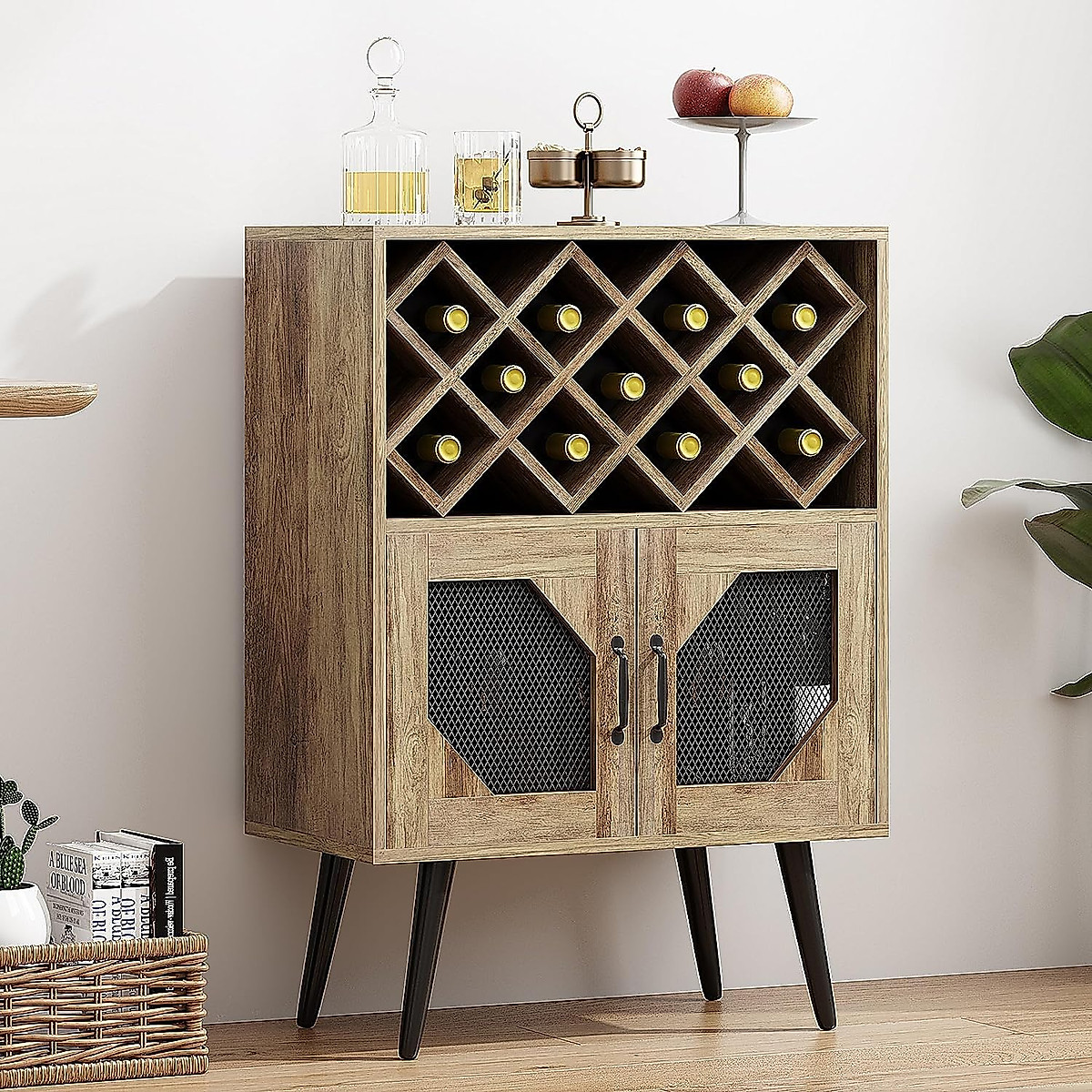 SogesHome 23.6 inches Wine Cabinet, Wine Storage Rack with 11 Bottle, Rack Wine Holder, Large Storage Cabinet with Metal Mesh Doors, for Kitchen, Dining Room, Living Room