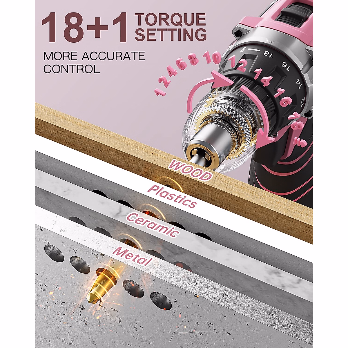 Drill Set, OUBEL 12V Cordless Drill Pink with 42 Acessories, Pink Power Drill Cordless with 3/8" Keyless Chuck, Built-in LED, 2 Variable Speed, Pink Drill for DIY Home Projects, Around the House